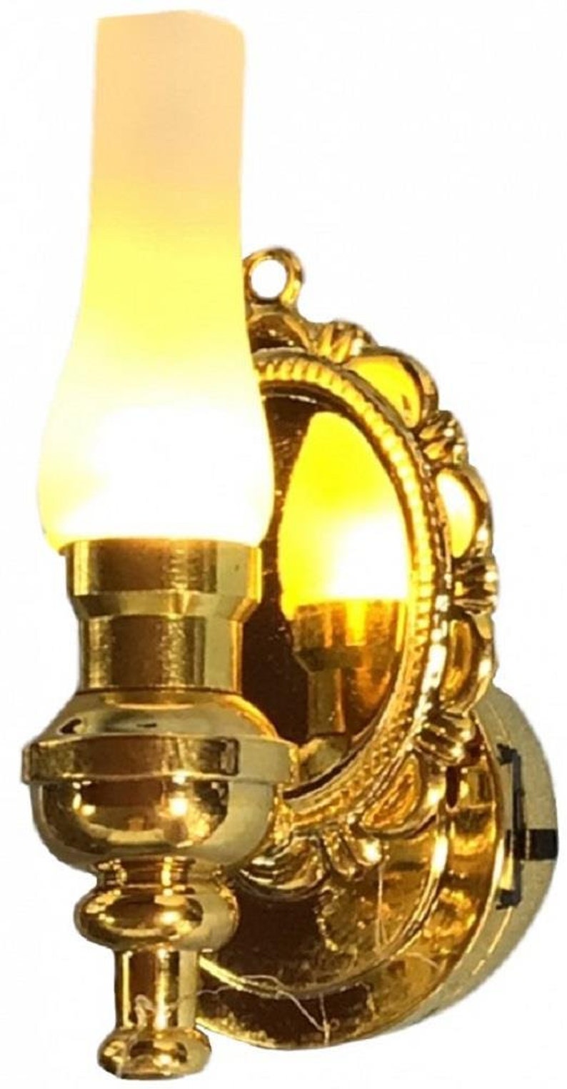 Dolls House Brass Oil Lamp Wall Light & Ornate Back Plate LED Battery ...