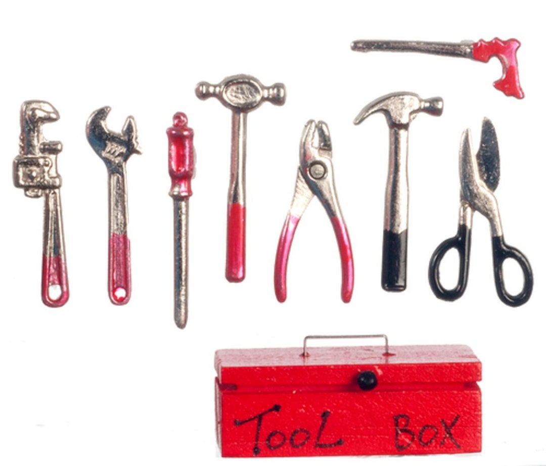Dolls House Red Tool Box & Metal Tools Miniature Garden 1:12 Shed Work ...