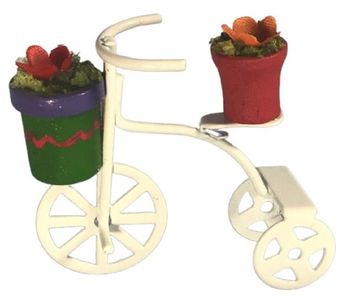 Dolls House White Tricycle Trike Plant Stand & Flowers Garden Outdoor ...