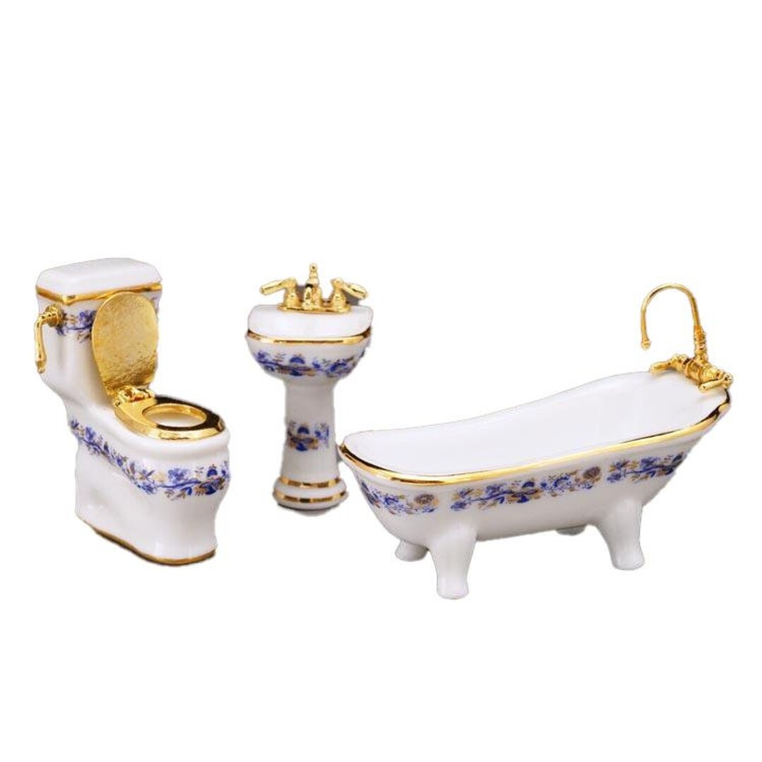Dolls House Blue Onion Bathroom Furniture Set Reutter Porcelain Half ...