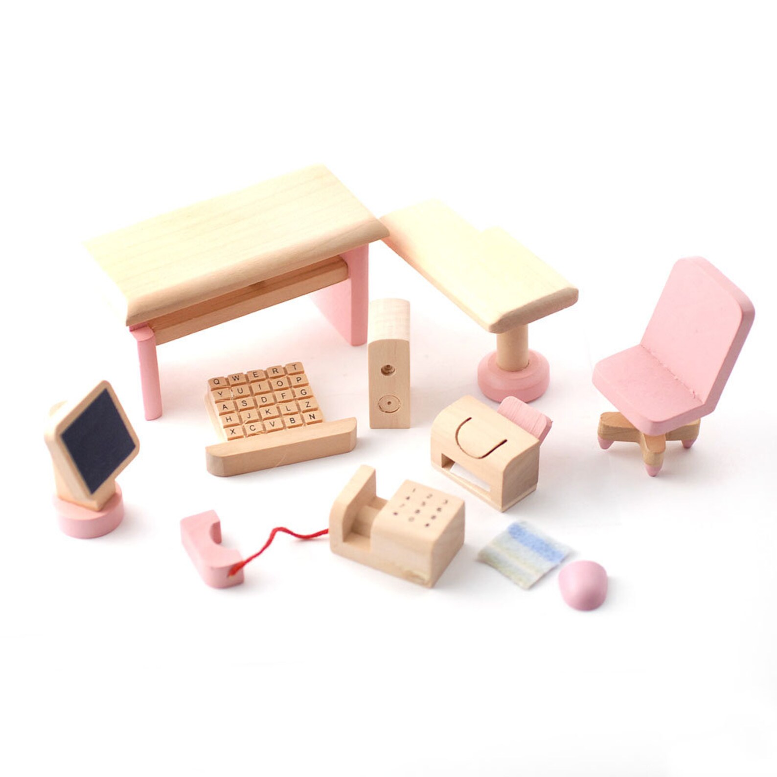 Dolls House Pink Wooden Computer Study Room Set Miniature 3 Years ...