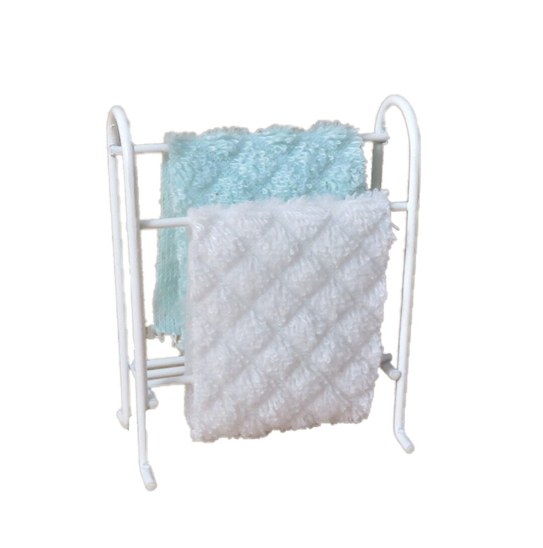 Dolls House White Wire Towel Rail Rack & Aqua and White Towels Bathroom ...