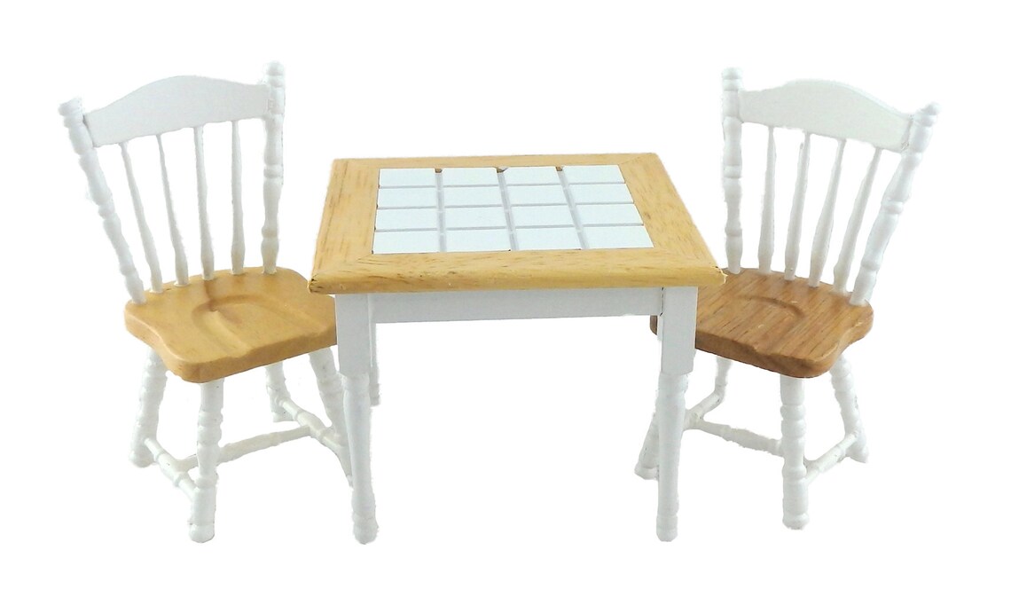 Dolls House White Light Oak Dining Table & 2 Chairs Miniature Furniture ...