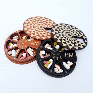 Wooden AM & PM Pill Boxes 7 Day Set of 2, 7 Day Pill Organizers Twice a ...