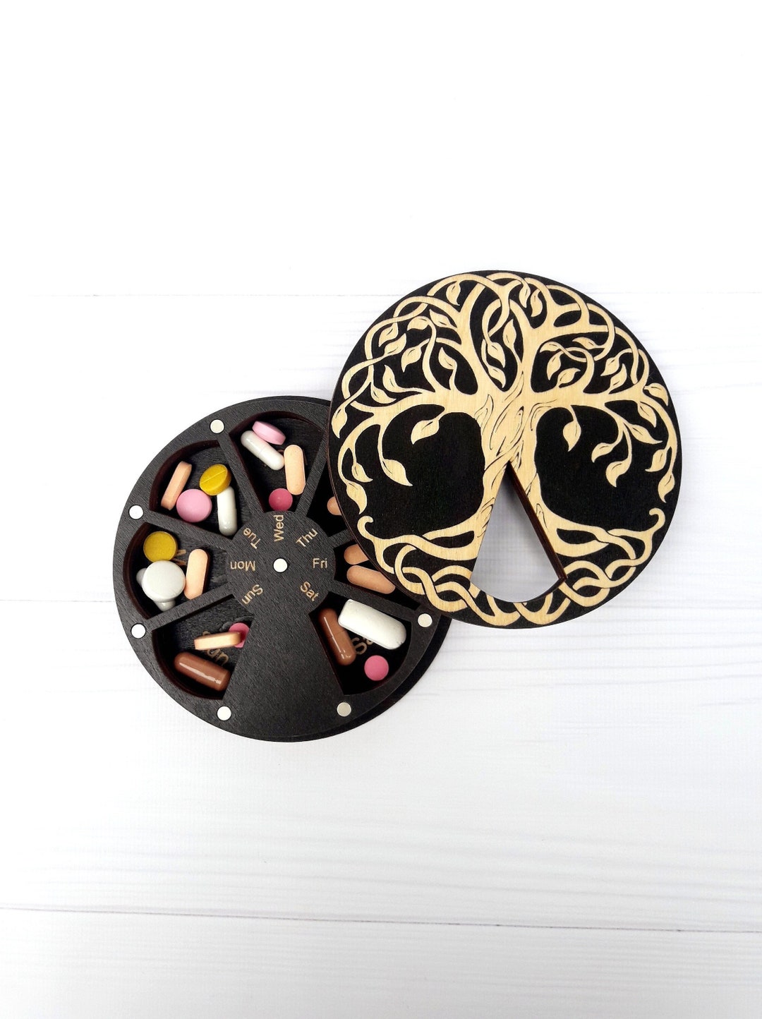 Wooden 7 Day Pill Box, Tree of Life Vitamin Organizer, Cute Pill Case 7 ...