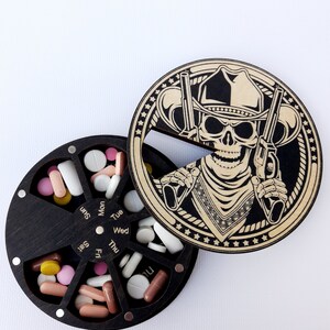 Skull Pill Box 7 Day Pill Organizer Wood Pill Container Pill Case for ...