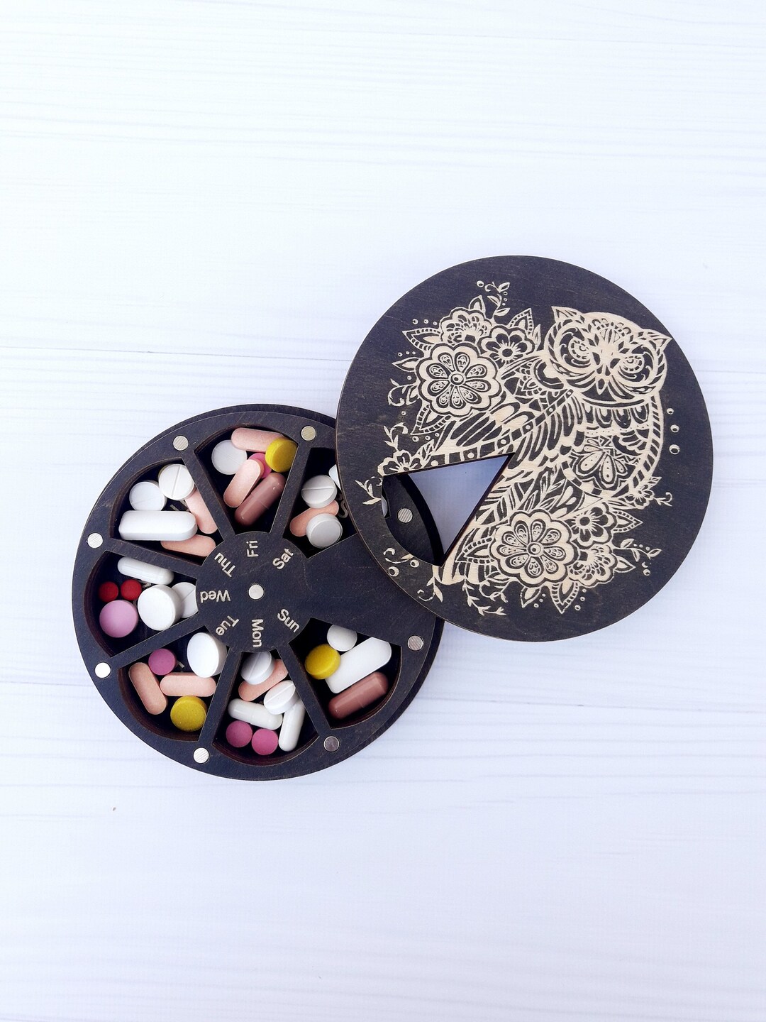 Owl Pill Case7 Day, Wooden Pill Organizer, Vitamin Container, Weekly ...