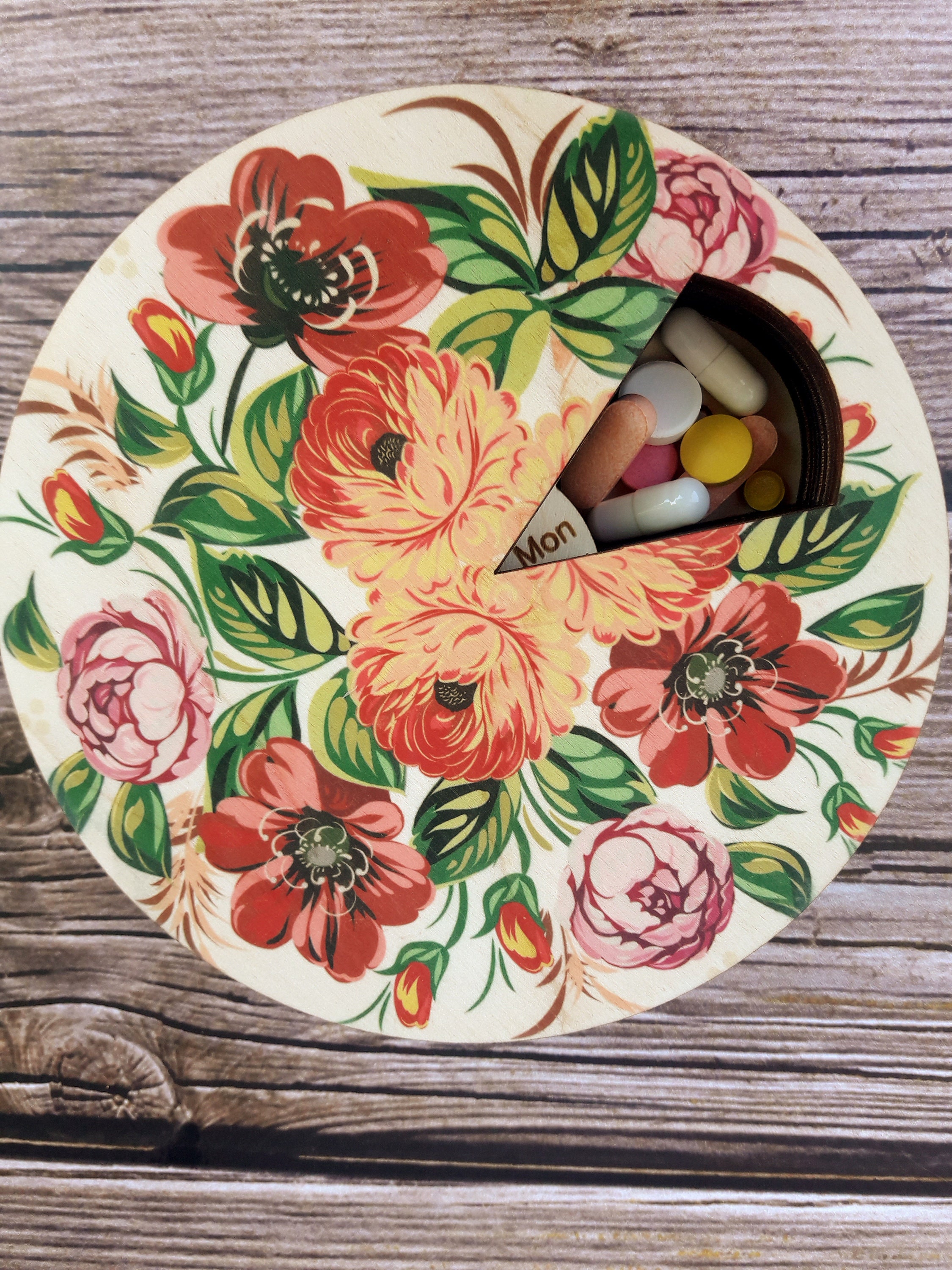 Decorative Pill Box 7 Day Floral Pill Case Wooden 7 Day Pill | Etsy