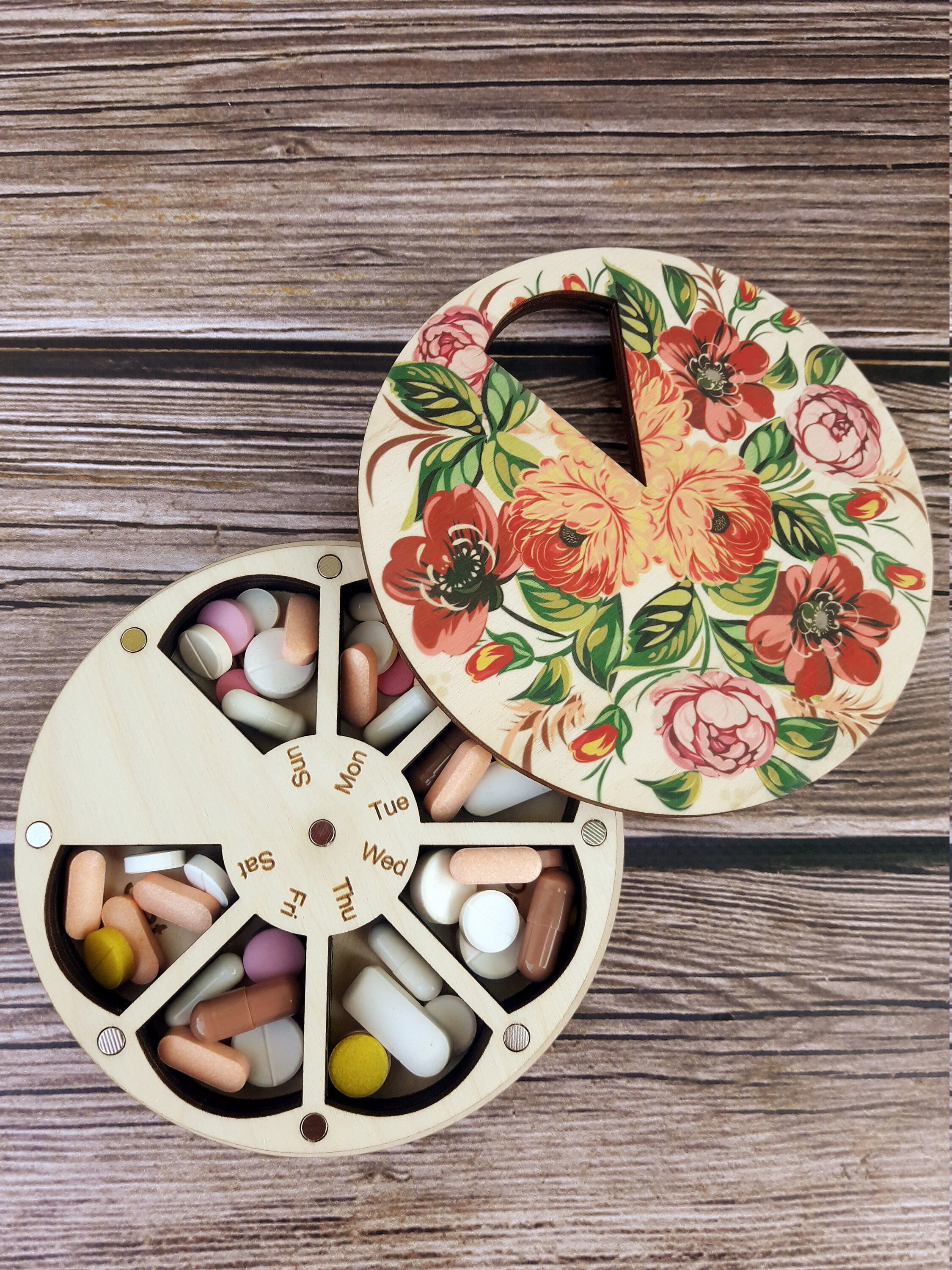 Decorative Pill Box 7 Day Floral Pill Case Wooden 7 Day Pill - Etsy ...