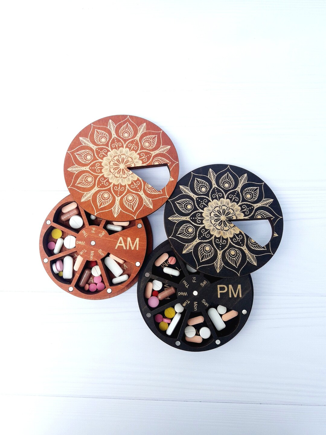 Wooden AM/PM Pill Box Setof 2, Weekly Pill Organizer 7 Day, Decorative ...