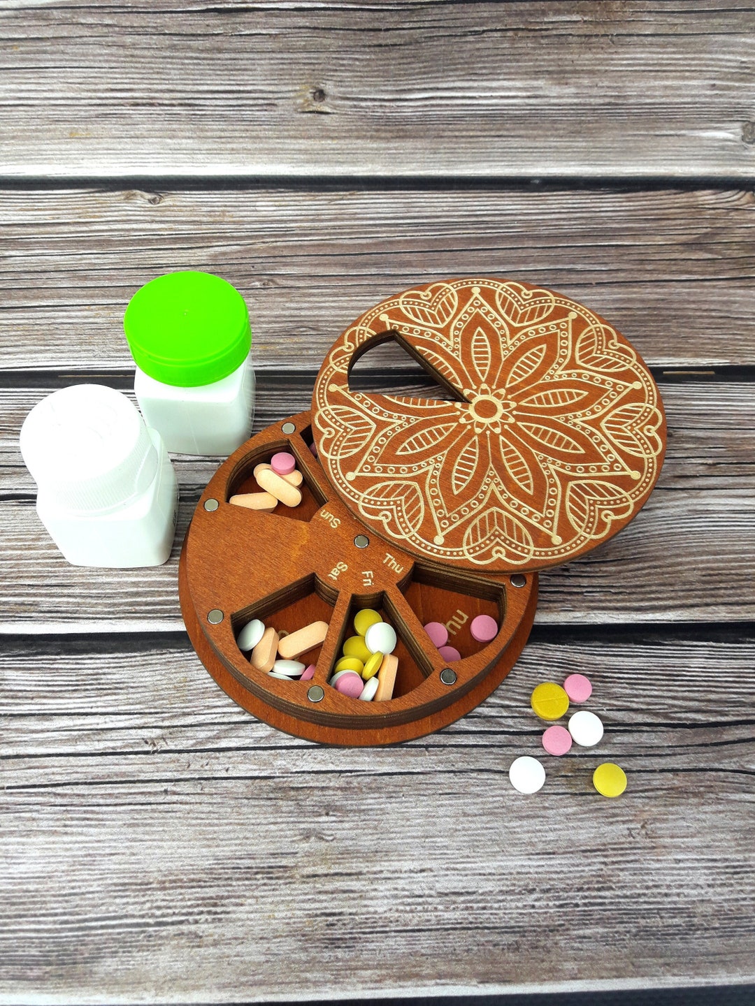 Wooden Pill Box 7 Day, Weekly Pill Case, Vitamin Organizer, Daily Pill ...