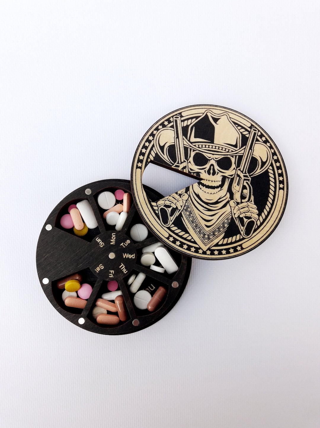Skull Pill Box 7 Day Pill Organizer Wood Pill Container Pill Case for ...
