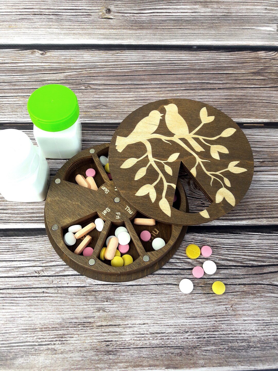 Wooden Pill Box 7 Day, Bird Pill Organizer, Weekly Pill Case ...