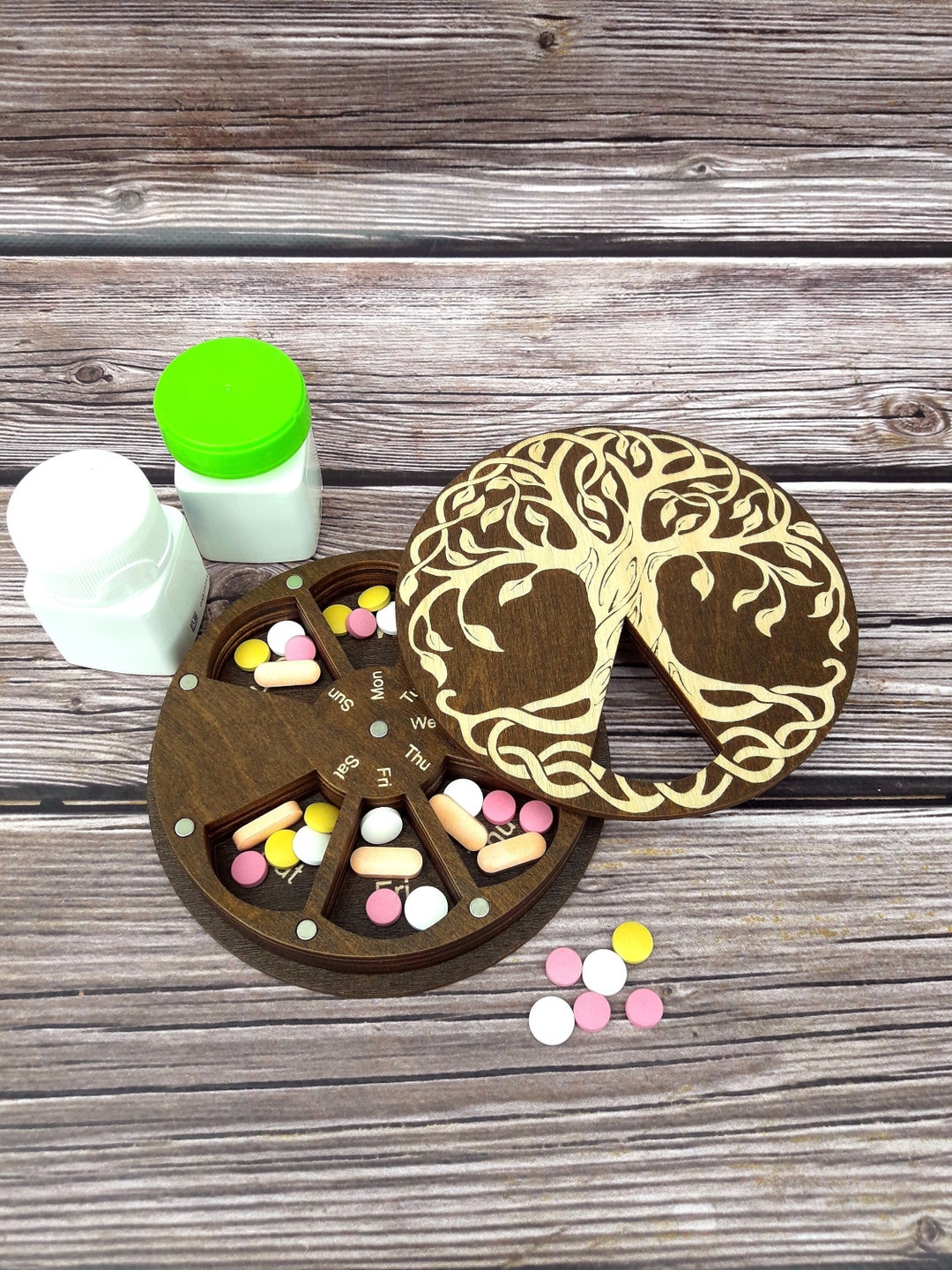 Wooden Pill Container 7 Day, Pill Case Cute, Medicine Box, Tree of Life ...