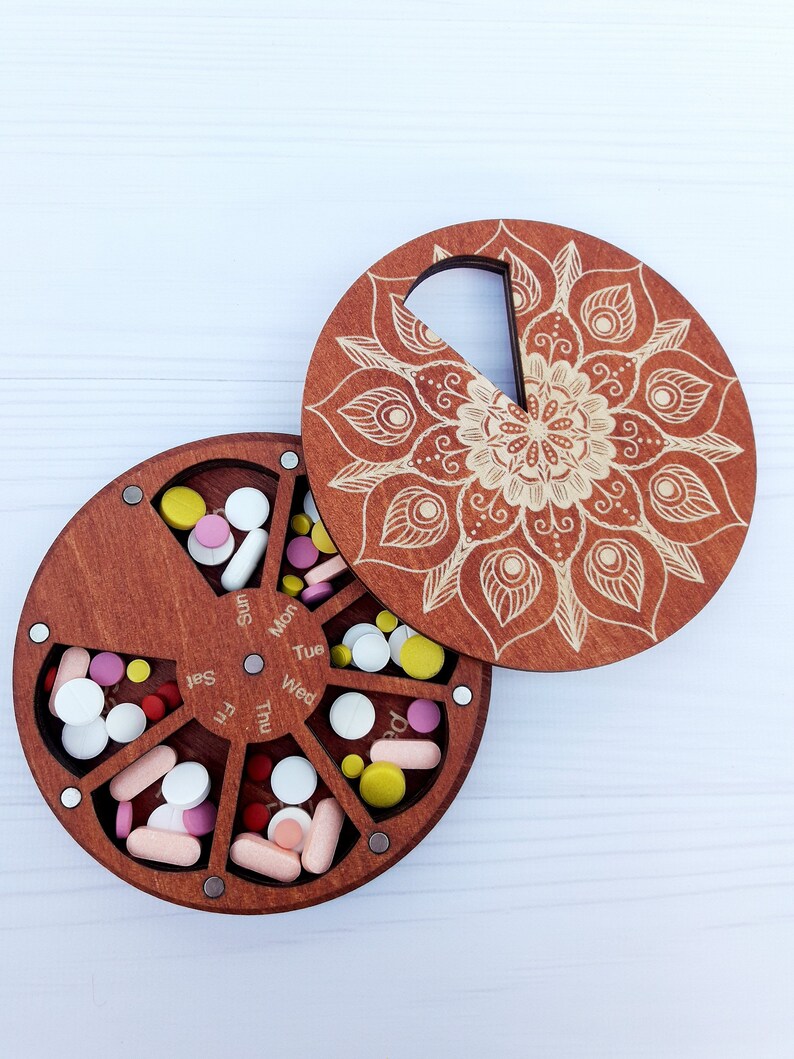 Wooden Mandala Pill Box 7-day, Meds Organizer, Daily Pill Holder ...