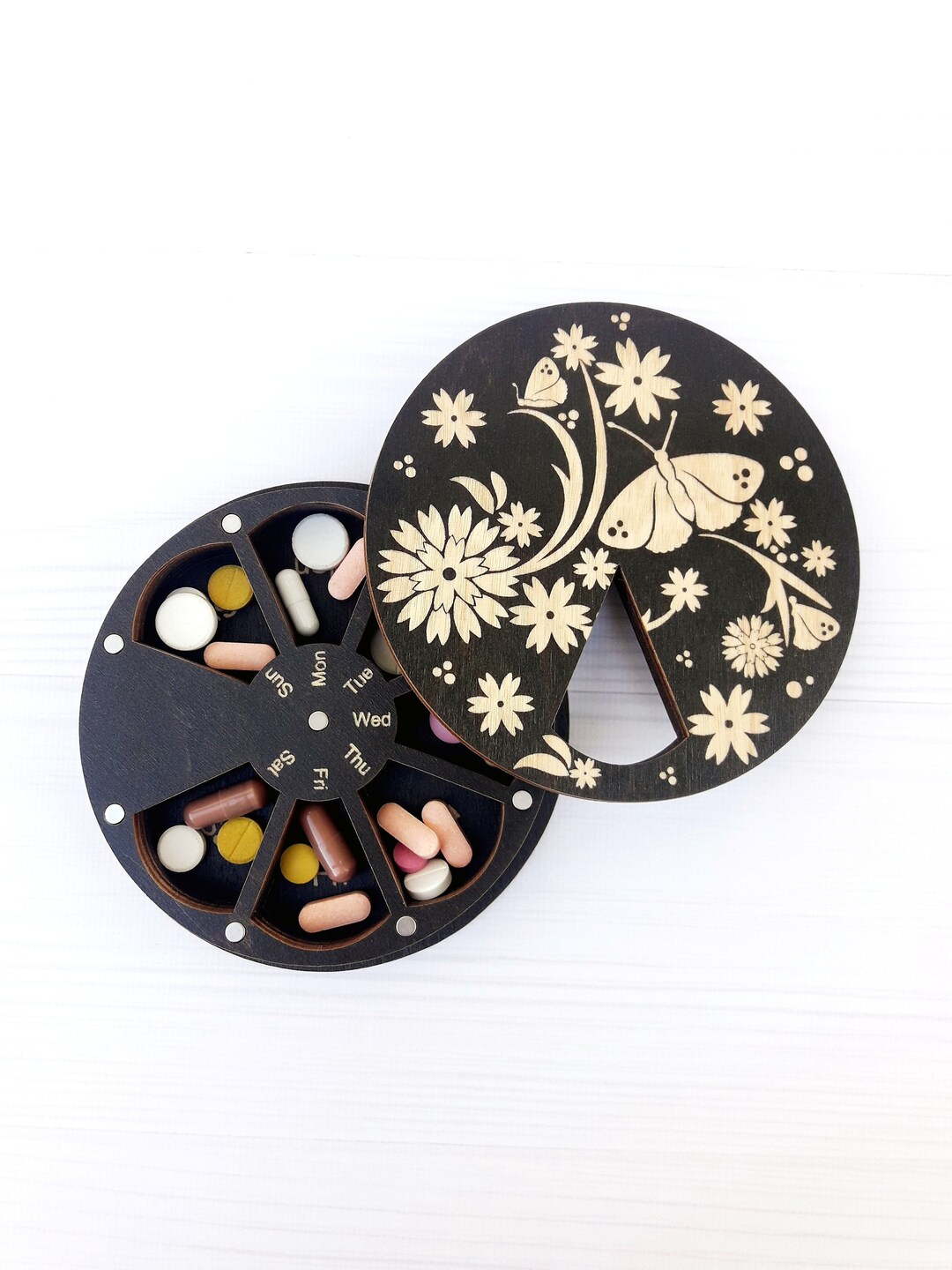 Wooden Pill Box 7 Day, Weekly Pill Case, 7 Day Pill Organizer ...