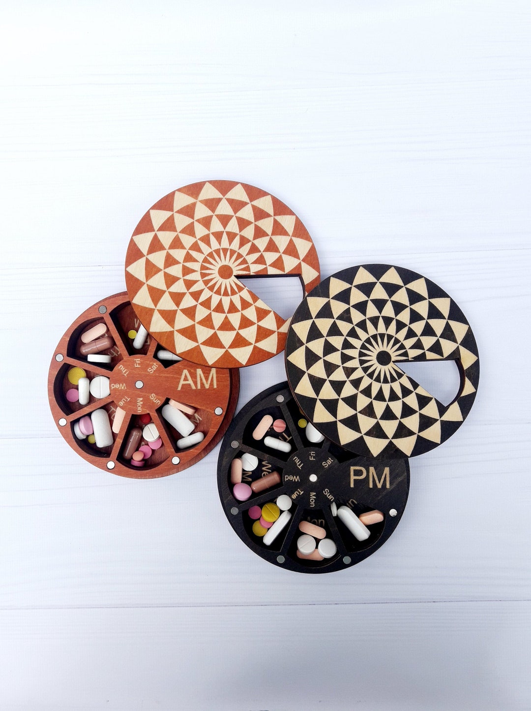 Wooden AM & PM Pill Boxes 7 Day Set of 2, 7 Day Pill Organizers Twice a ...