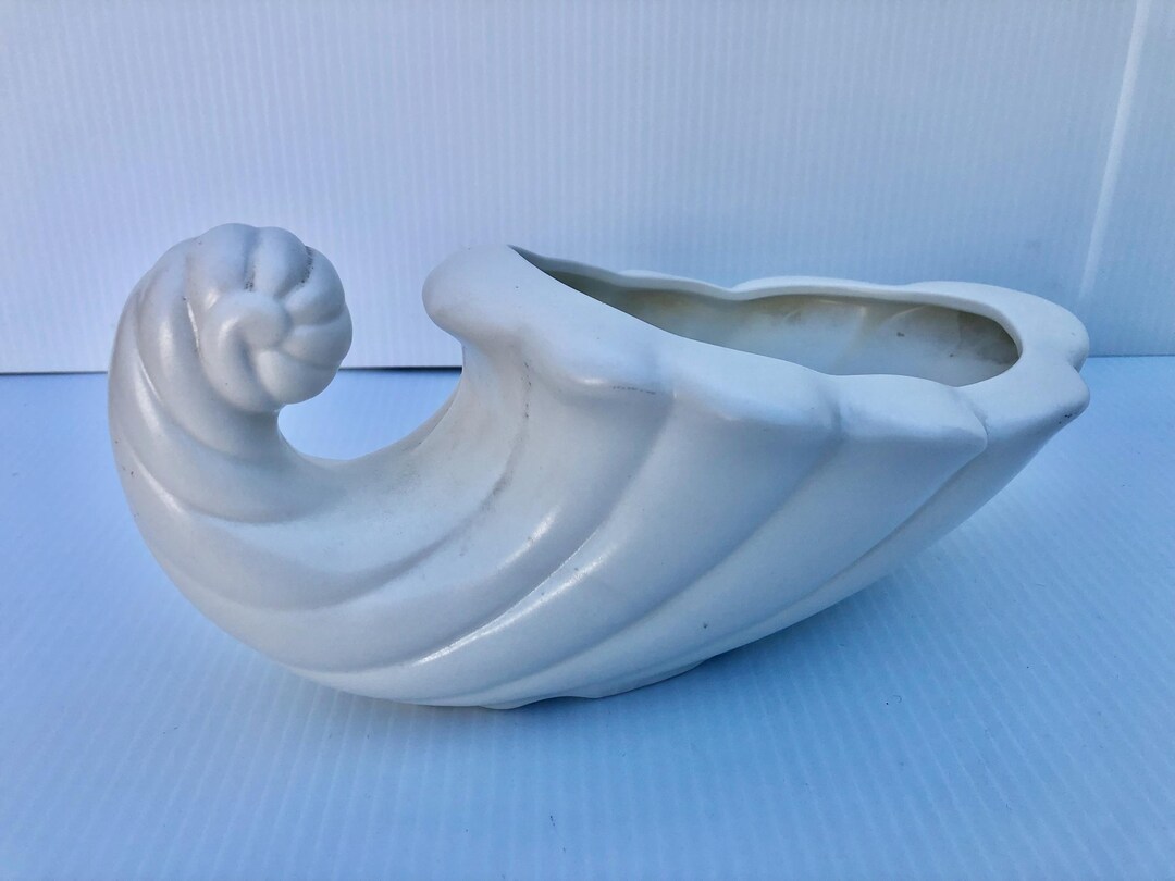 Vintage Matte White Pottery Cornucopia Planter, Thanksgiving Decor ...