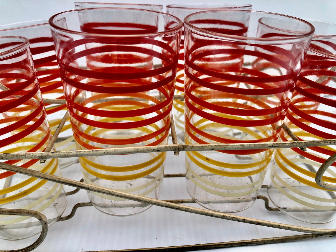 Vintage MCM Drinkware Set, Color Ring Tumbler Glasses With Metal Caddy ...