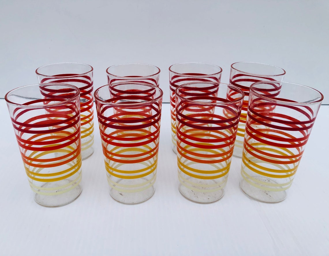 Vintage MCM Drinkware Set, Color Ring Tumbler Glasses With Metal Caddy ...