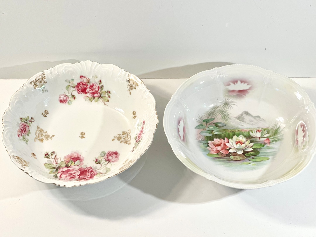 Vintage/antique Pink + Green Floral China Serving Bowls, Bavaria, Water ...