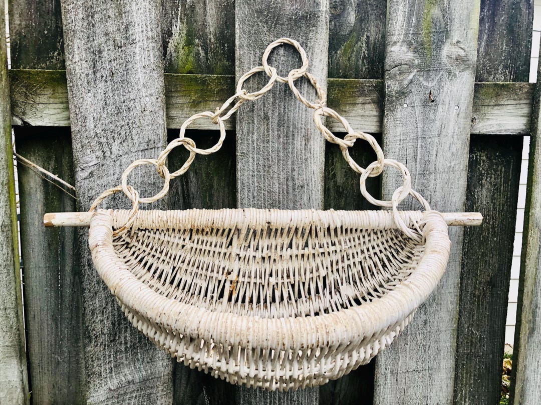 Vintage Rattan & Bamboo, White Hanging Basket With Wicker Rope Circles ...