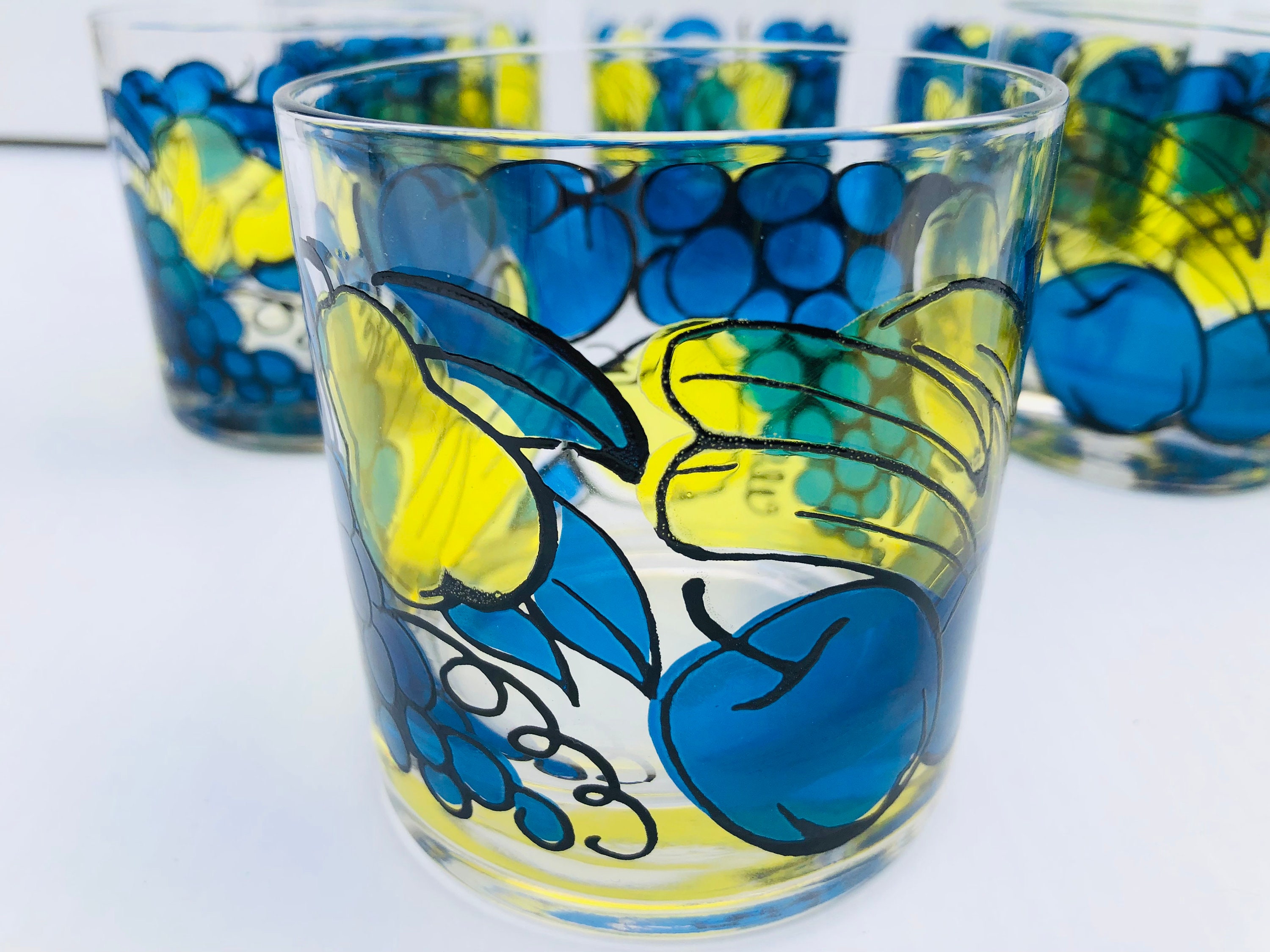 Vintage Dominion Bar Glasses, Blue & Yellow Fruit Tumblers, Set of 8 - Etsy