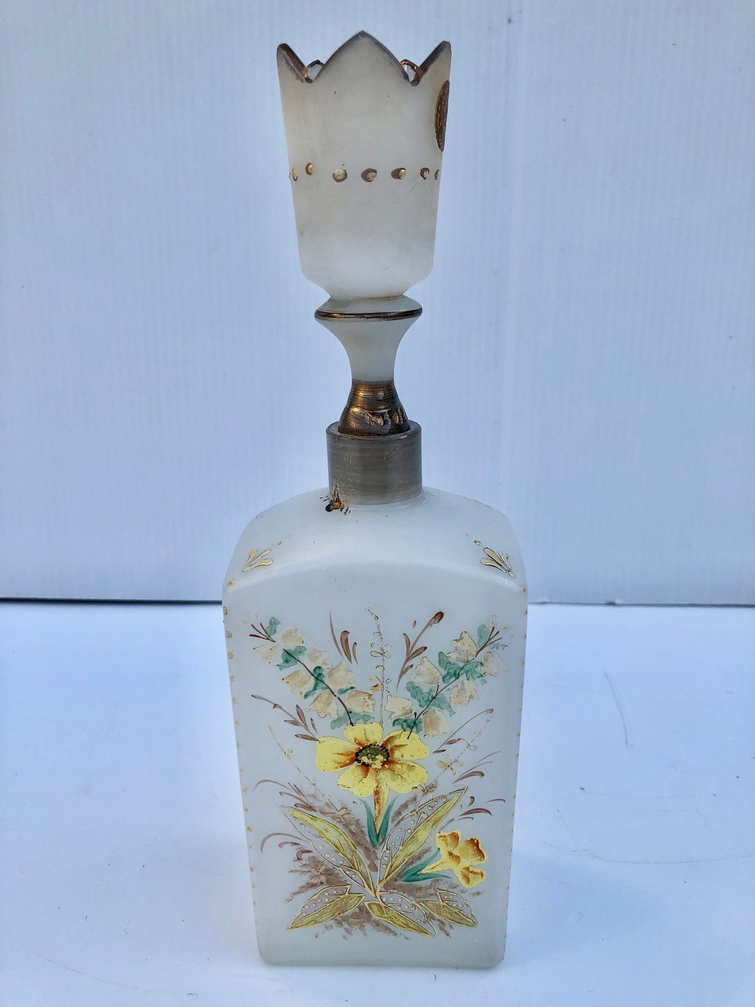 Antique Bristol Bottle With Crown Shape Stopper, Victorian Vanity Perfume Bottle, Rare Frosted ...