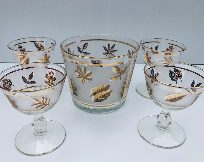 Vintage Frosted & 22K Gold Leave, Libbey Glass, 5 Piece Cocktail Set ...