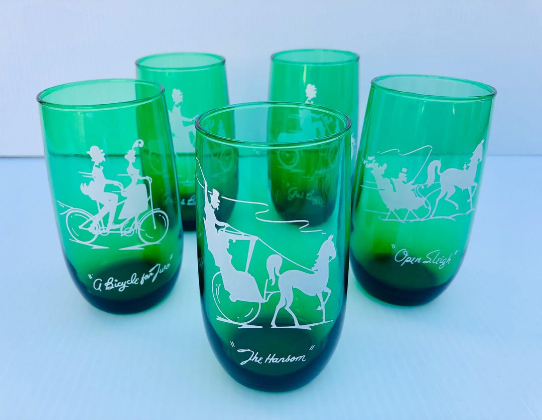 Vintage Anchor Hocking Green Glass Beverage Glasses With Gay Nineties Transportation Graphics in ...