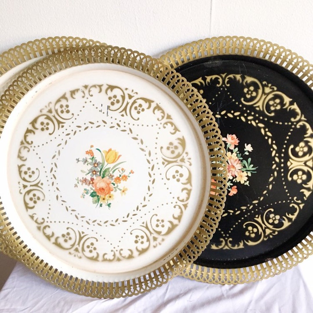 Vintage Metal Rose Trays With Open Filigree Rims, Round Social Supper ...