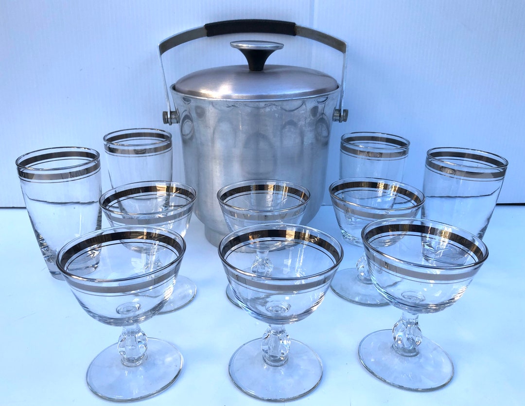 Vintage Cocktail Set, 11 Piece Bar Set, Silver Band & Stripe Coupes ...