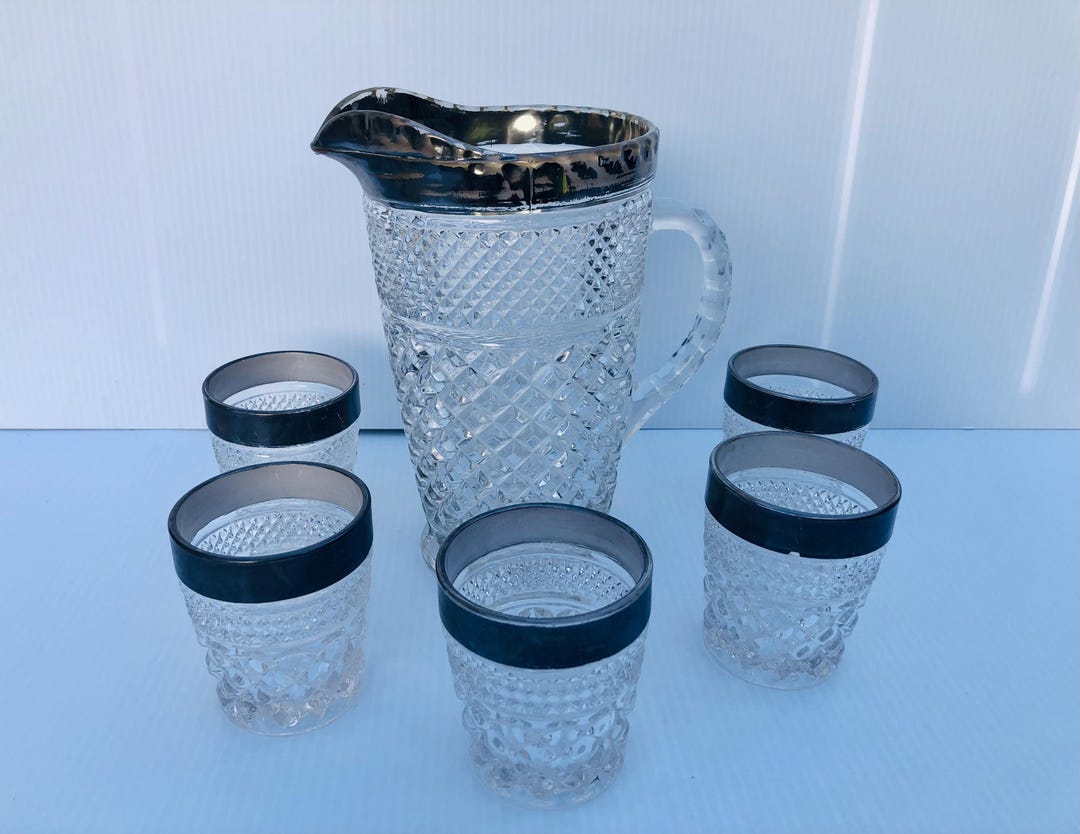 Vintage Heavy Crystal & Silver Pitcher, 6 Piece Set, Anchor Hocking ...