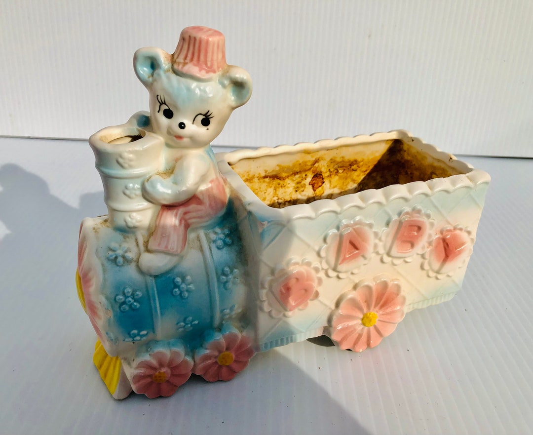 Vintage Baby Planter, Nursery Bear Riding a Train Planter, Ceramic ...