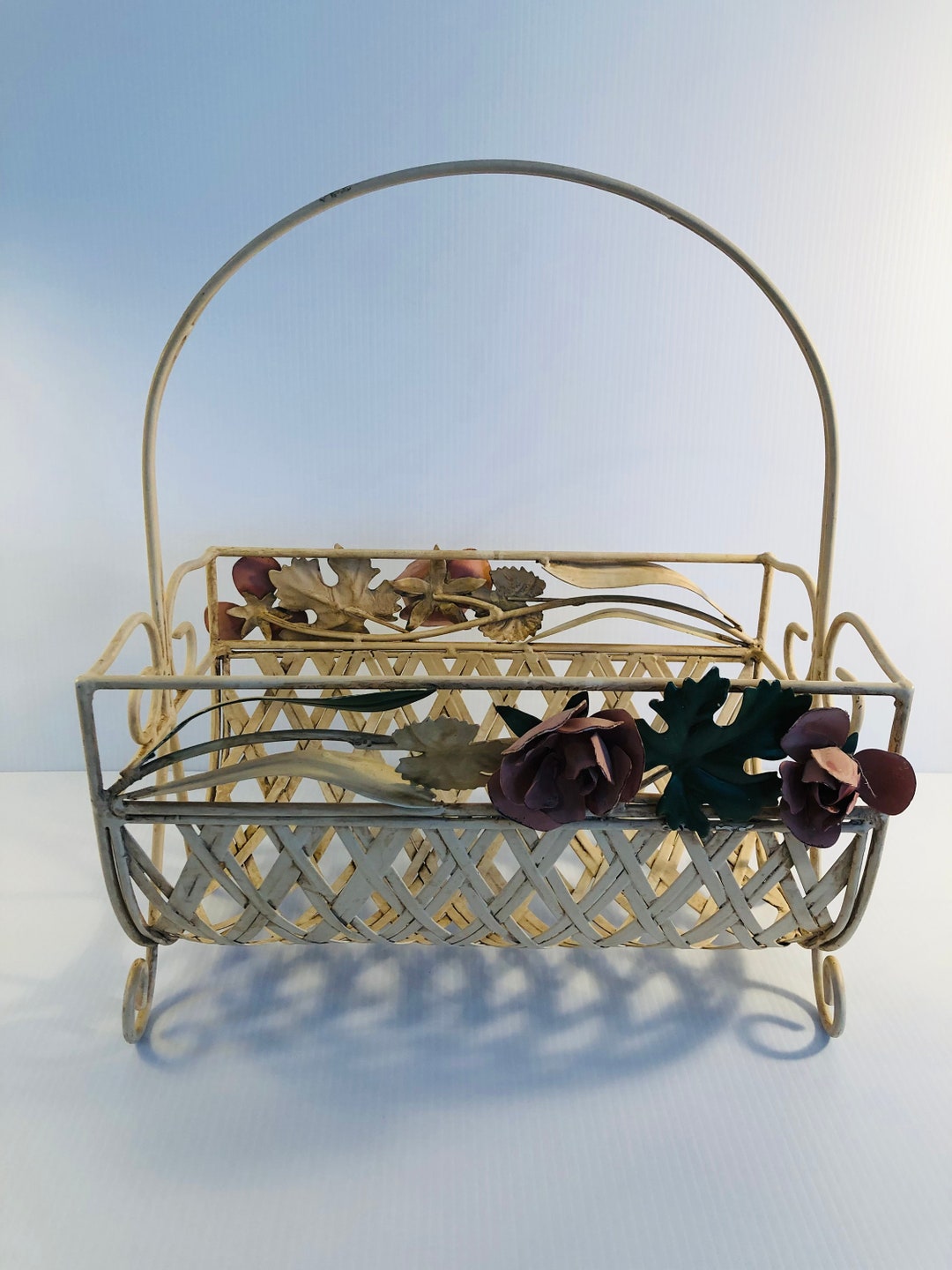 Vintage Floral Toleware Magazine Rack, Shabby Chic White Metal With ...