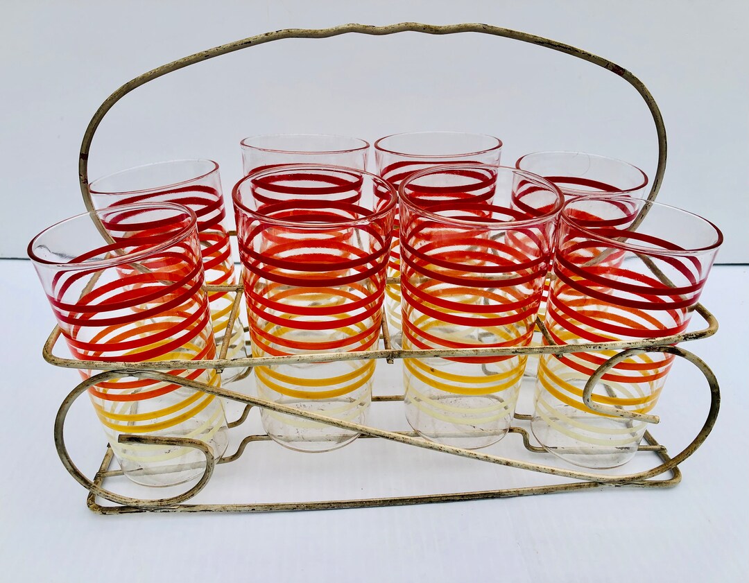 Vintage MCM Beverage Glasses in White Metal Caddy, 9 Piece Set, Vibrant ...