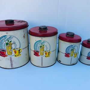 Vintage Kitchen Canister Set/ Rare Tin MCM Canisters, Lemonade, Coffee ...