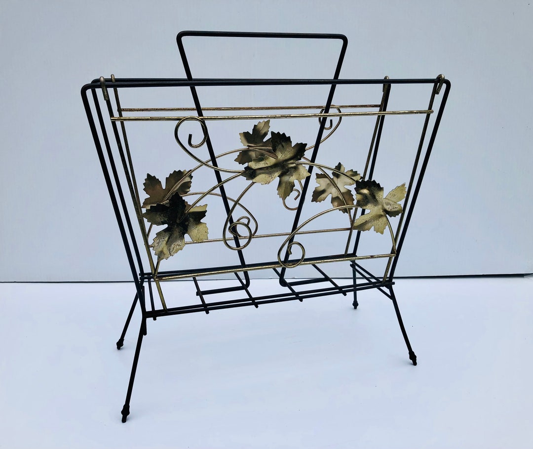 Vintage Magazine Rack Holder, MCM Black Iron With Gold Ivy Leaves on ...