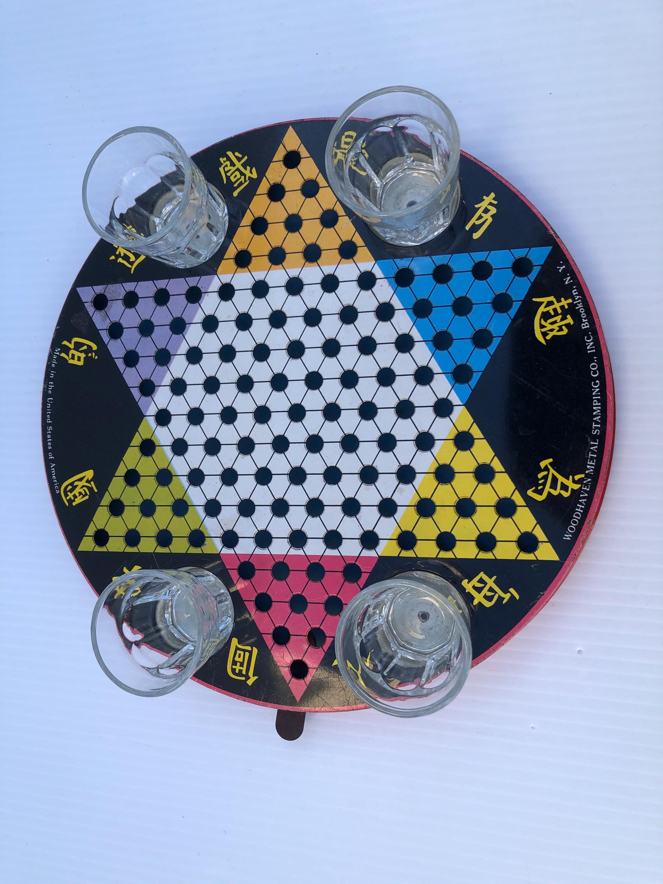 Vintage Metal Chinese Checkers Game Set, Double Sided Board & Shot ...