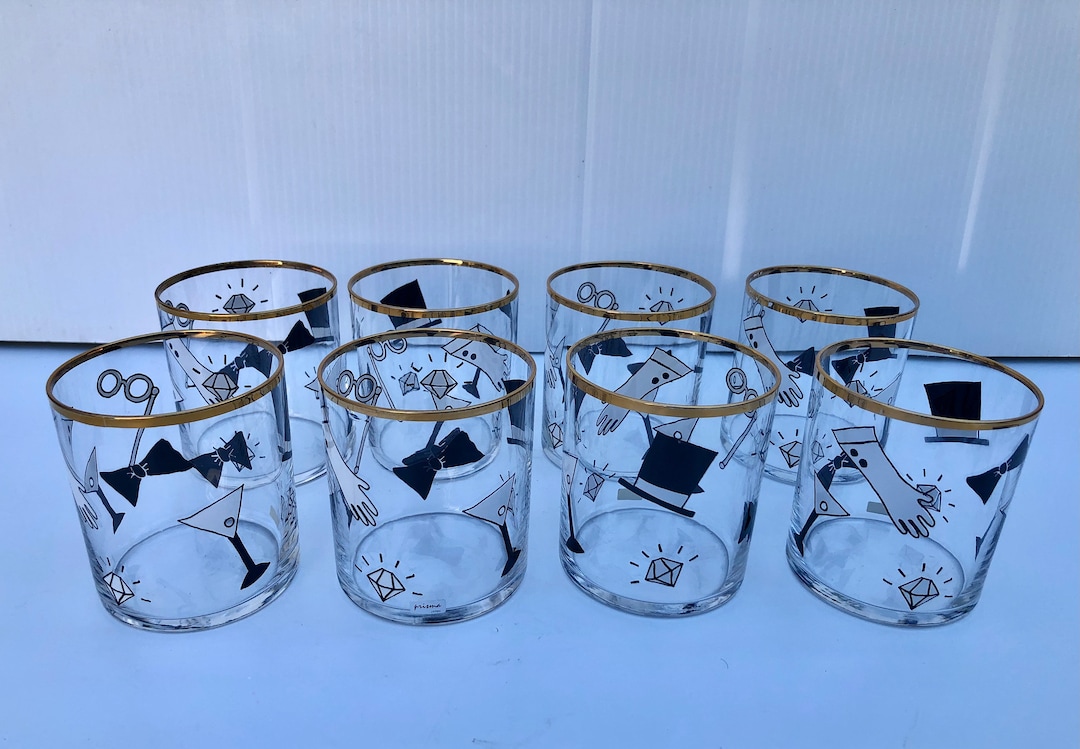 Vintage Rocks Glasses, Rare Prisma Japan Lowballs, Clear With Gold Band ...