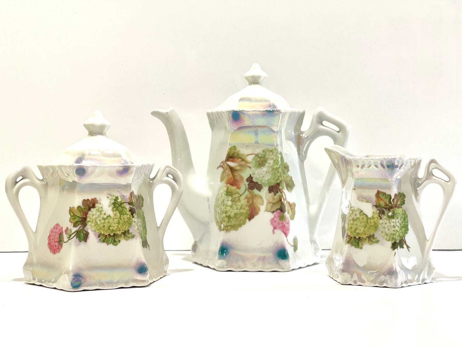 Antique German Lusterware Teapot Set, Green Hydrangea, 5-piece - Etsy