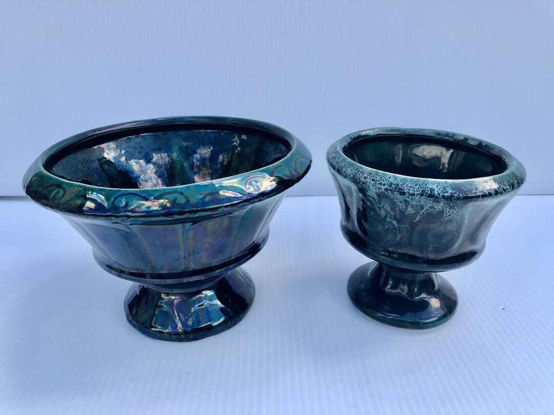 Vintage Pottery Planter Set, Dark Green, Glossy Glaze, Pedestal MCM ...