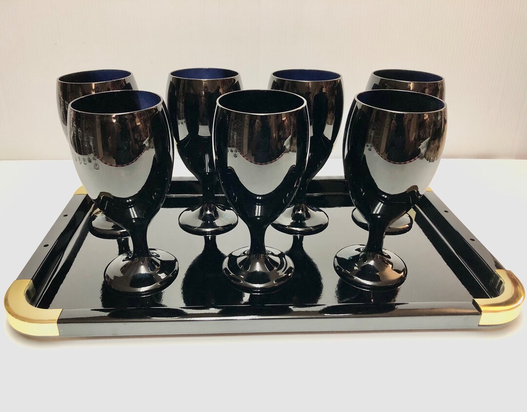 Vintage Black Glass Goblets & Toyo Japan Lacquer Ware Tray 8 Piece Set ...