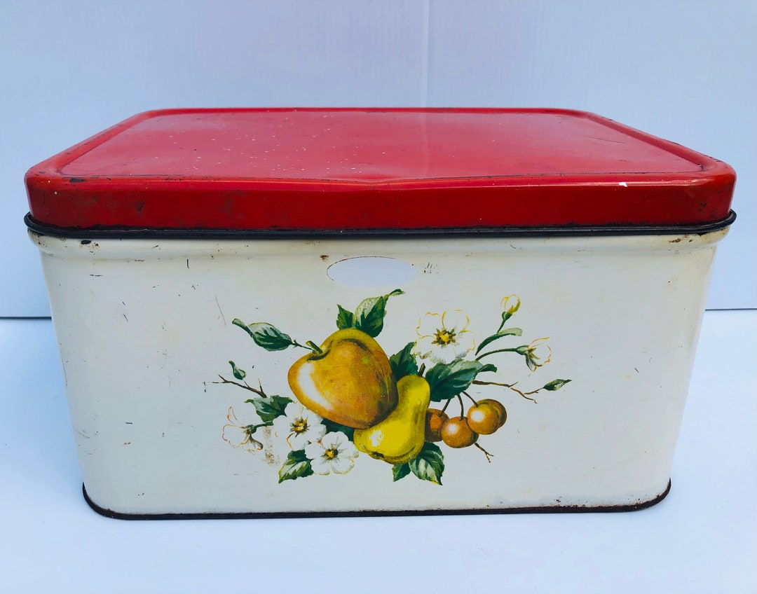 Vintage Decoware Metal Bread Box With Fruit Graphics, Adorable Red ...