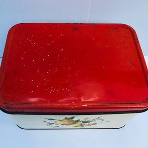 Vintage Decoware Metal Bread Box With Fruit Graphics, Adorable Red ...