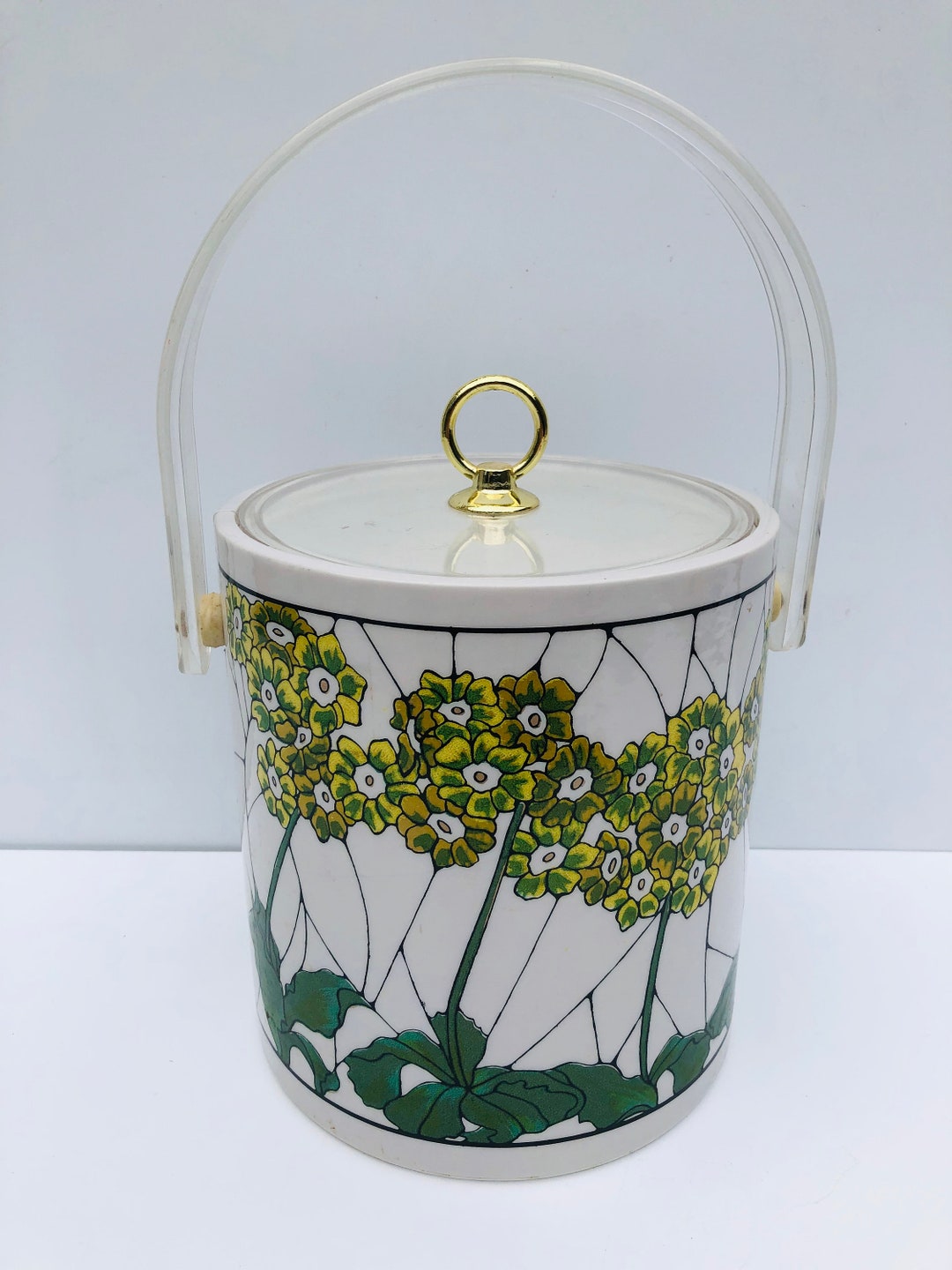 MCM, White Ice Bucket With Green and Yellow Flowers and an Acrylic ...