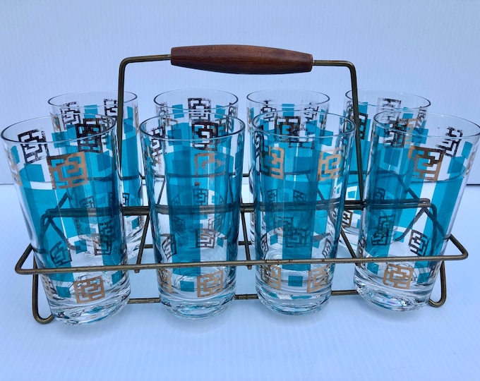 Vintage Retro Bar Glasses in Metal & Wood Caddy/rare Turquoise ...
