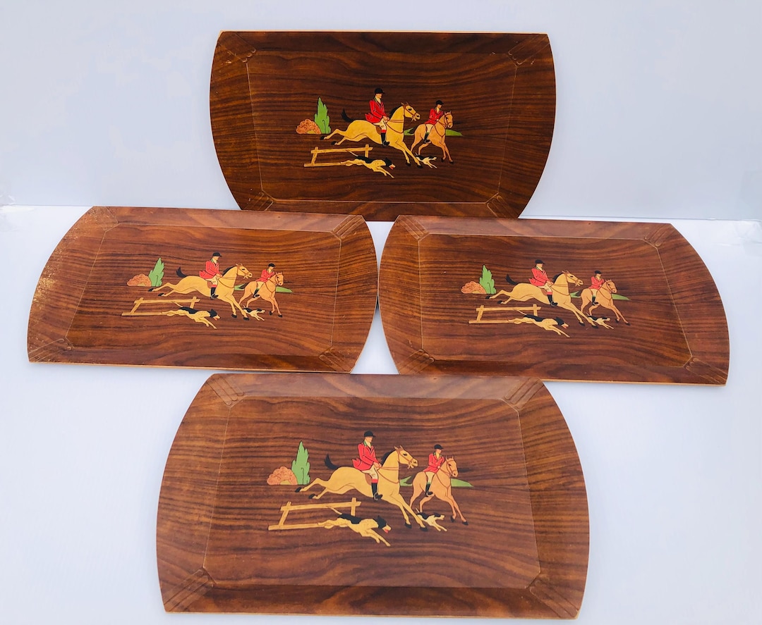 Vintage Fox Hunt/equestrian Wooden Trays, Set of 4 Hasko Buffet Serving ...