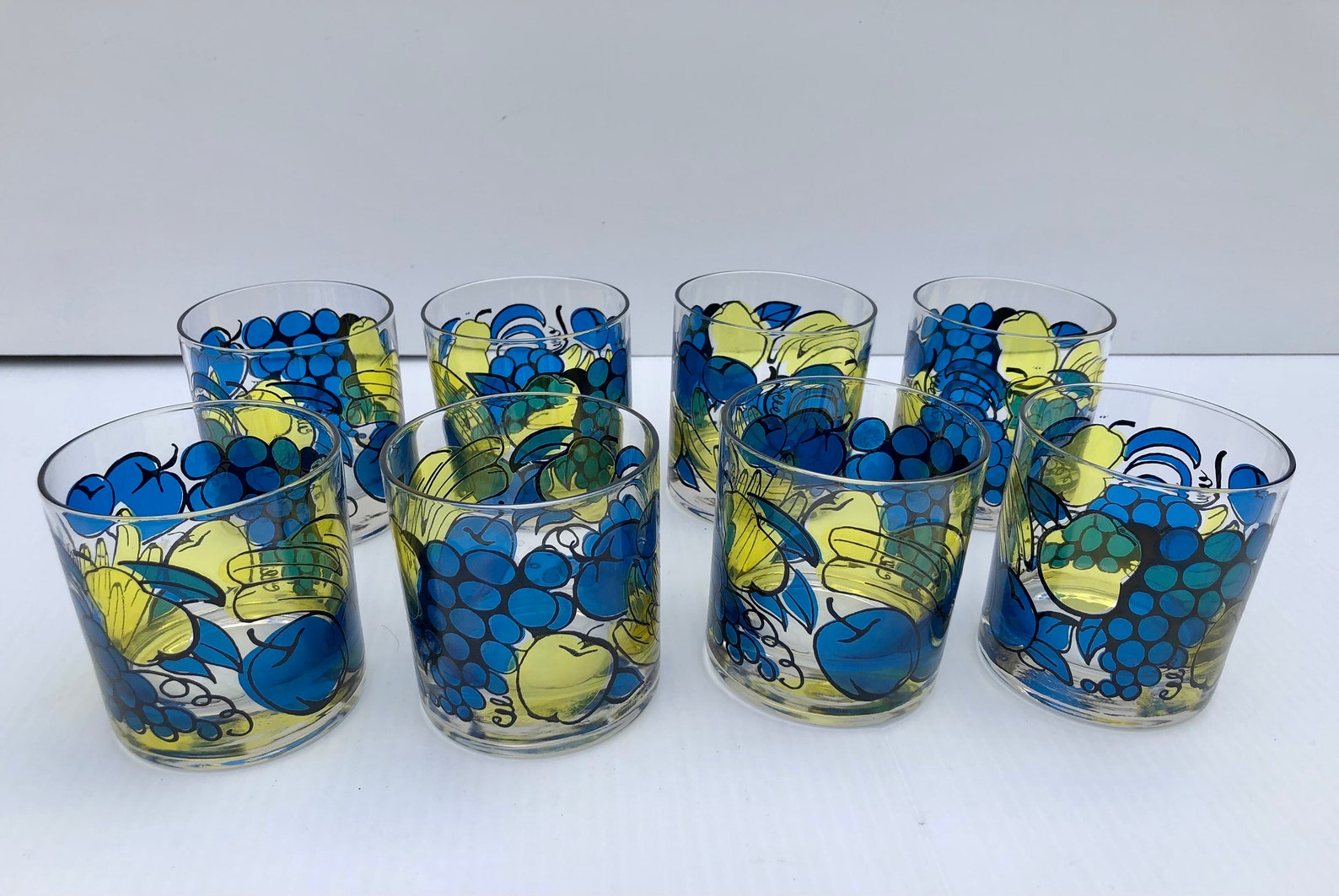 Vintage Dominion Bar Glasses, Blue & Yellow Fruit Tumblers, Set of 8 - Etsy