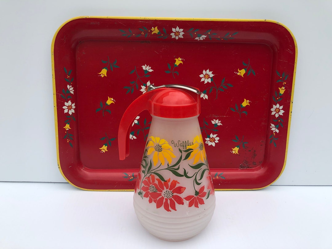 Vintage Floral Breakfast Set, Hand Painted Syrup Dispenser, Red Metal ...